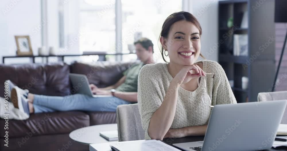 Laptop, remote work and couple working in home typing, using internet ...