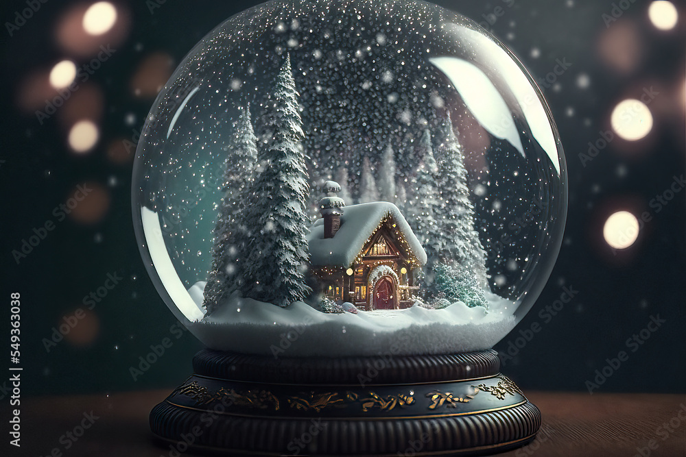 Beautiful snow globe with snowy landscape, winter home castle and trees ...