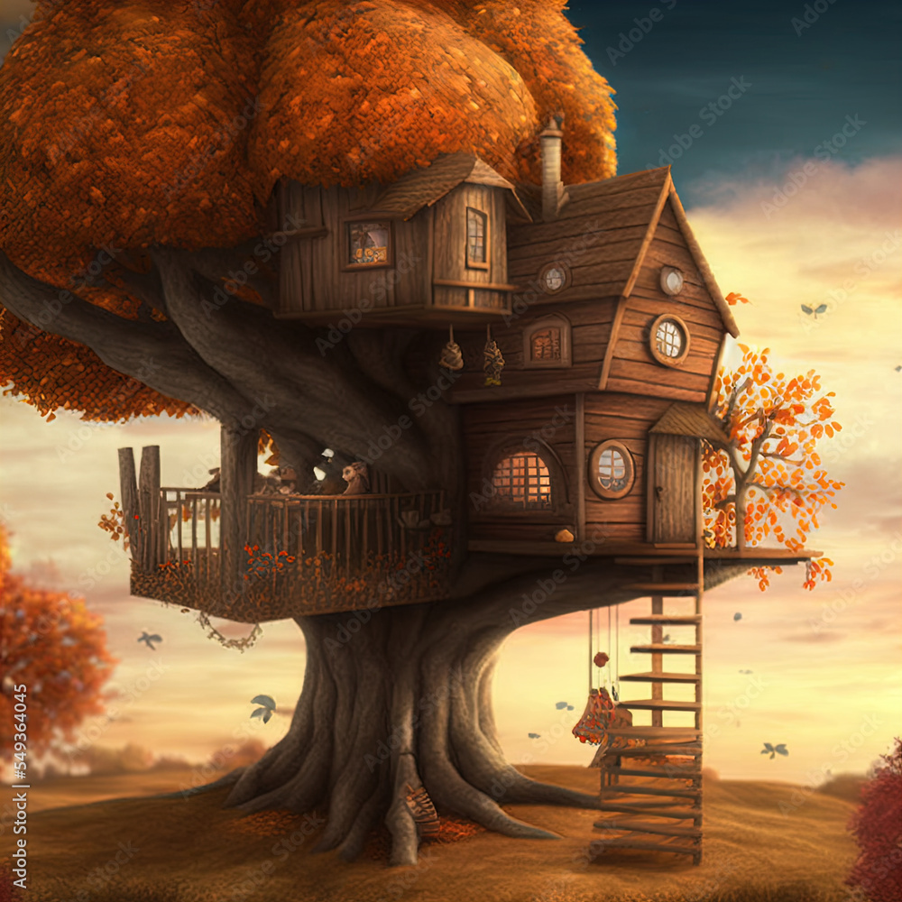 Fantasy treehouse. Dwelling of magical creatures like elves, gnomes ...