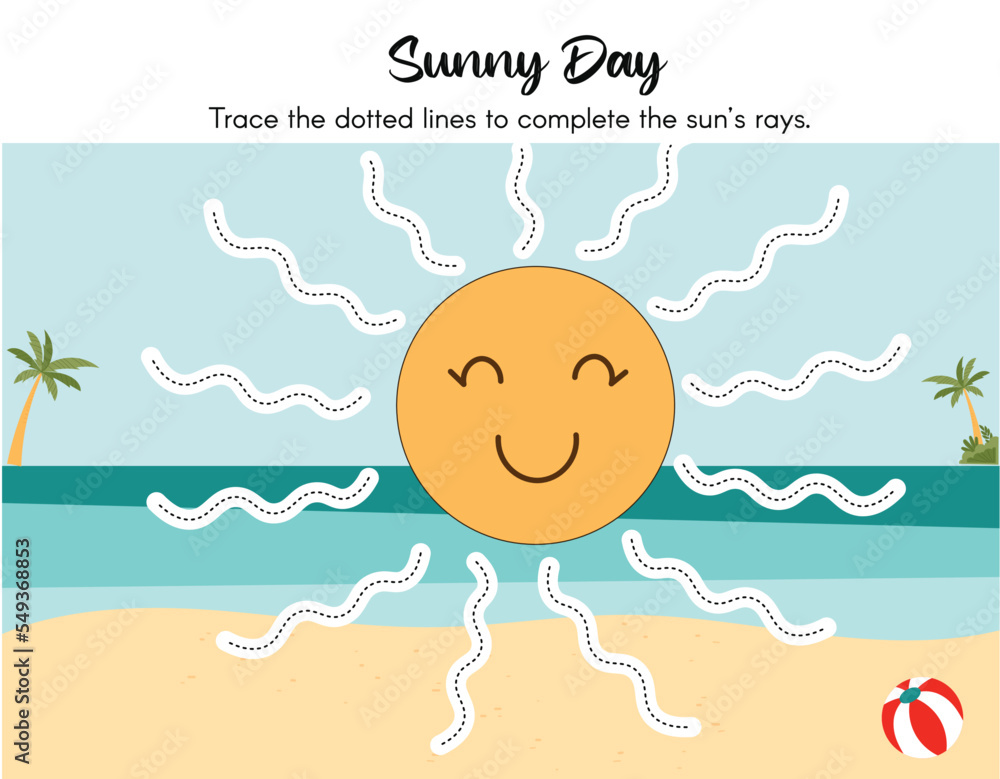 Preschool handwriting worksheet, trace the dotted lines. Vector ...