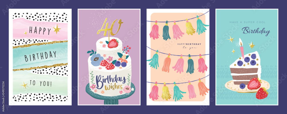 Set of lovely birthday cards design with cakes and party decorations ...