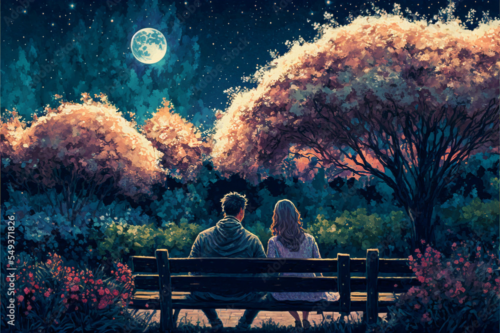 Moonlight Lovers on a Starry Spring Evening Stock Illustration | Adobe ...