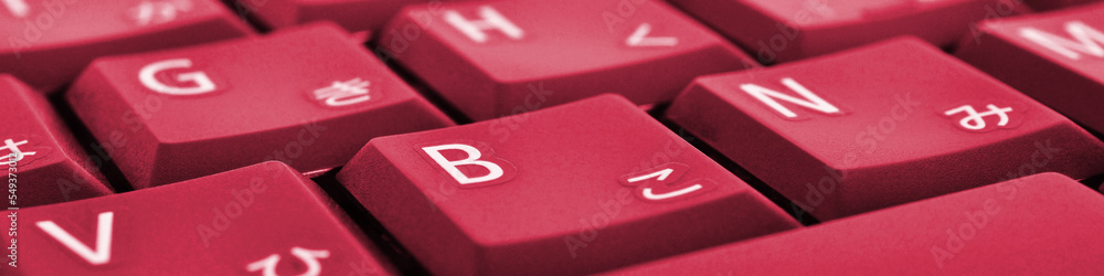 Japanese typing. Bright red laptop keyboard. Symbols on buttons of ...
