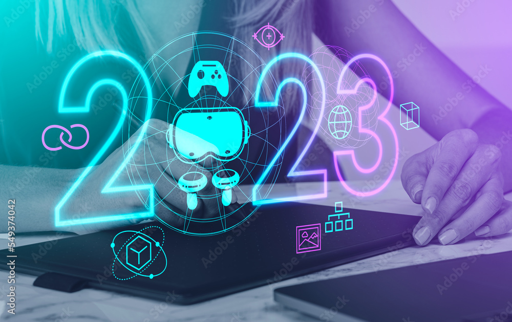 Woman drawing on a tablet, 2023 year and vr accessories with digital ...