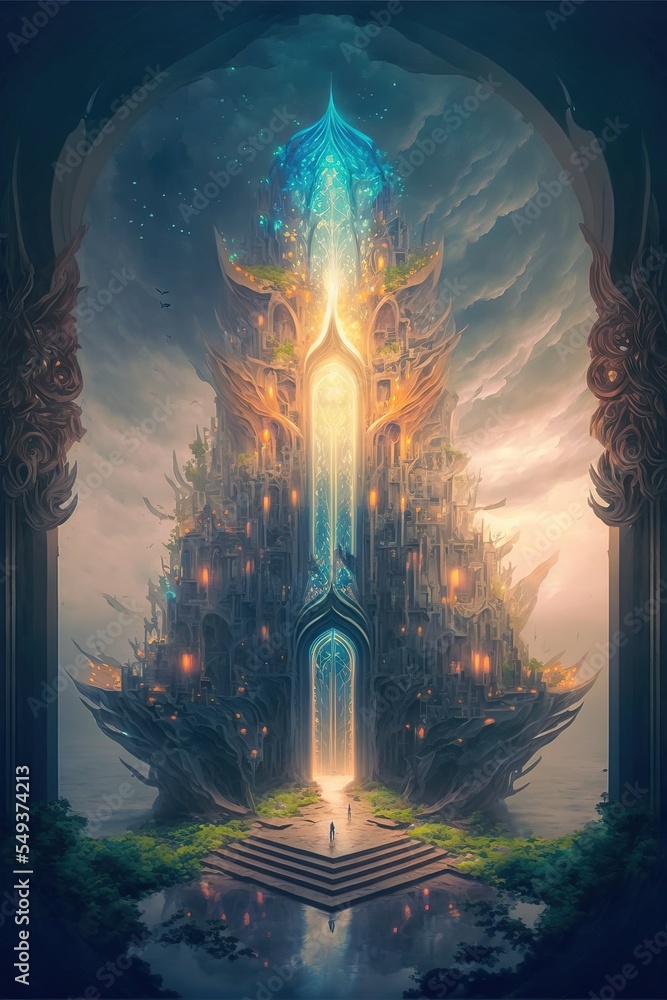 Ancient temple with steps leading to a magical entrance. digital art ...