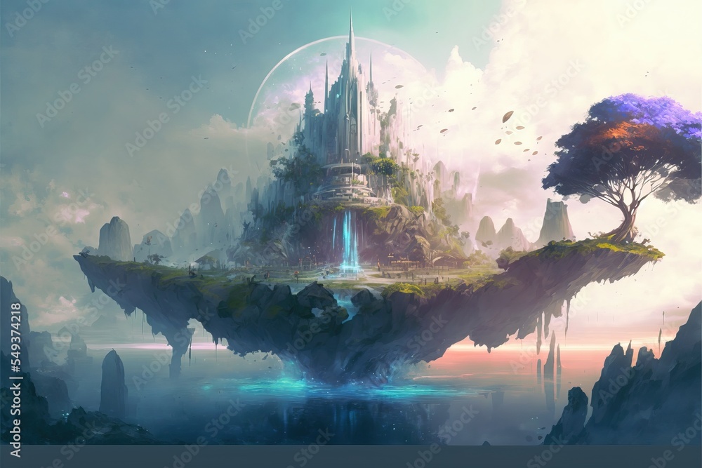 Fantasy Floating Island Digital Art Concept Art As Wallpaper Background Stock Illustration