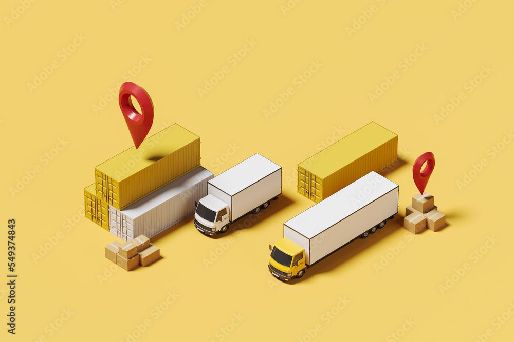 Top view of delivery truck with containers and boxes, location pin ...