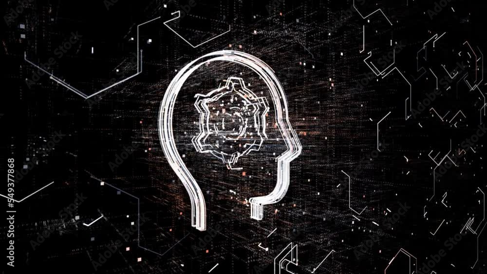 4k Brain AI Artificial Intelligence circuit tag cloud;binary computer code.The Matrix binary ...