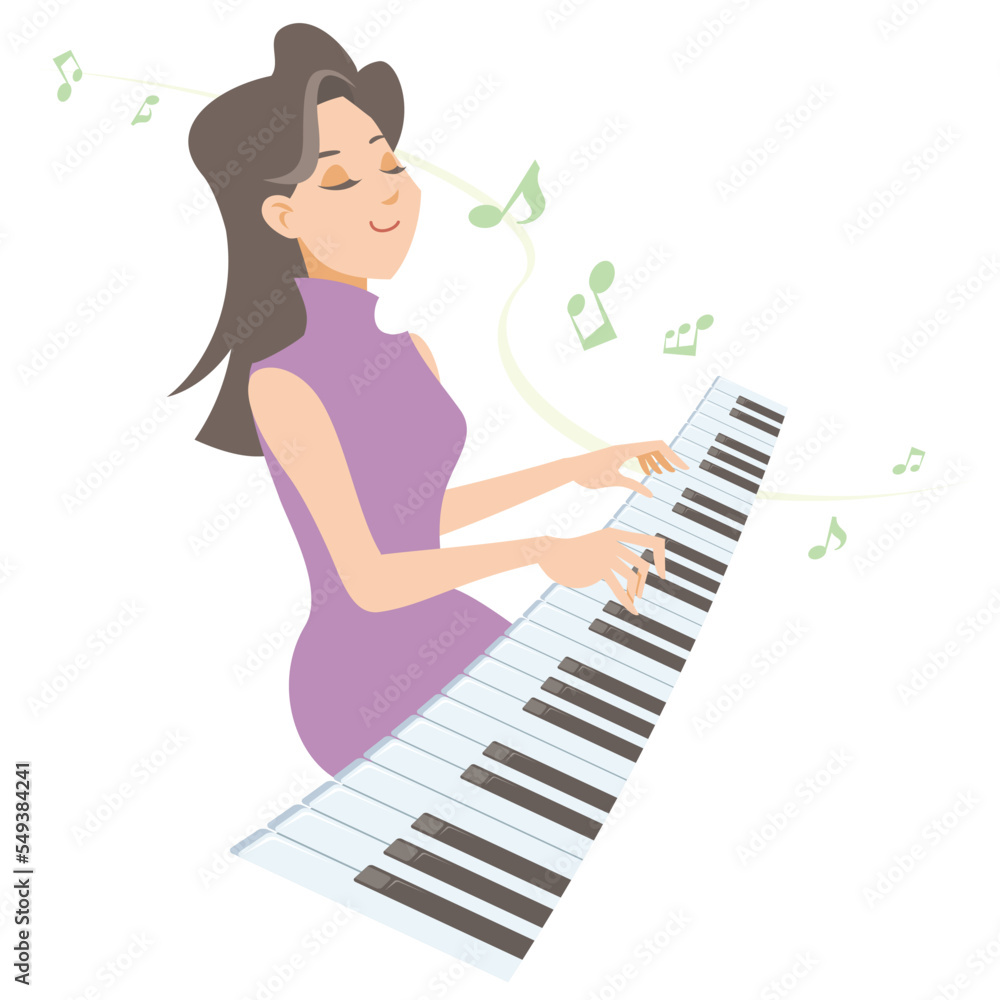 A Female keyboard player performing on isolated white background ...