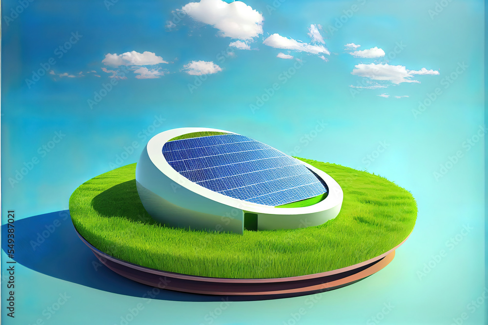 diorama of modern futuristic solar panels on the grass covered podium ...