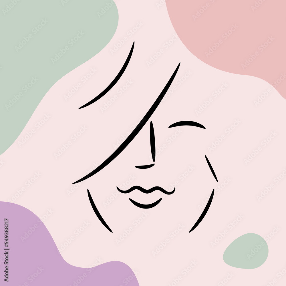 Smiling girl line art portrait. Minimalist style woman face with pastel ...