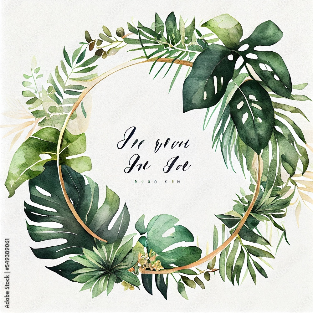 watercolor, jungle leaves frame, wreath, a plant with leaves ...