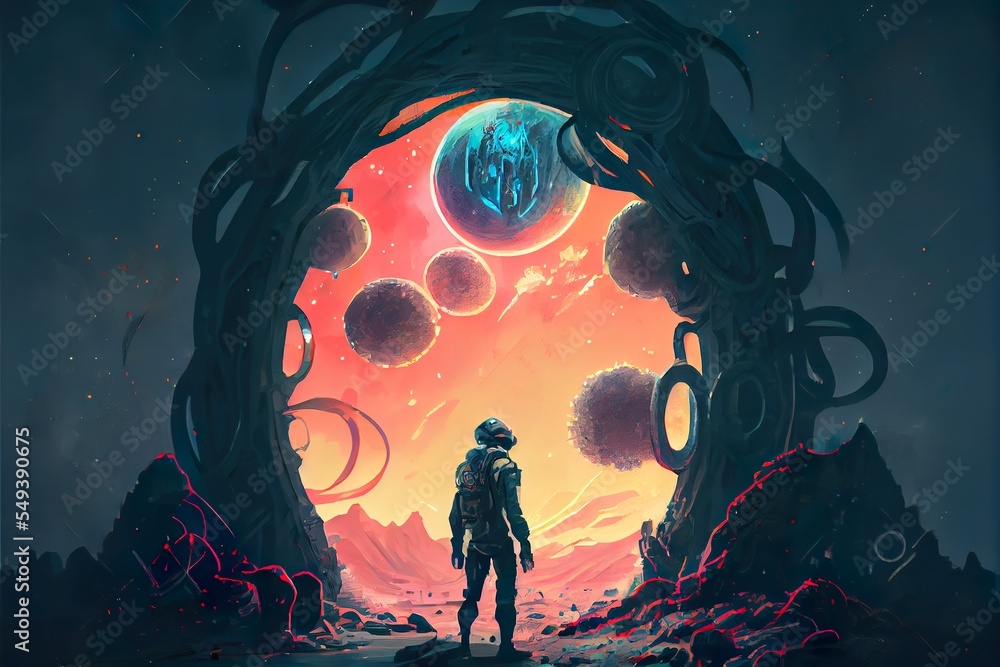 the man in space suit, a person standing in front of a red and yellow ...