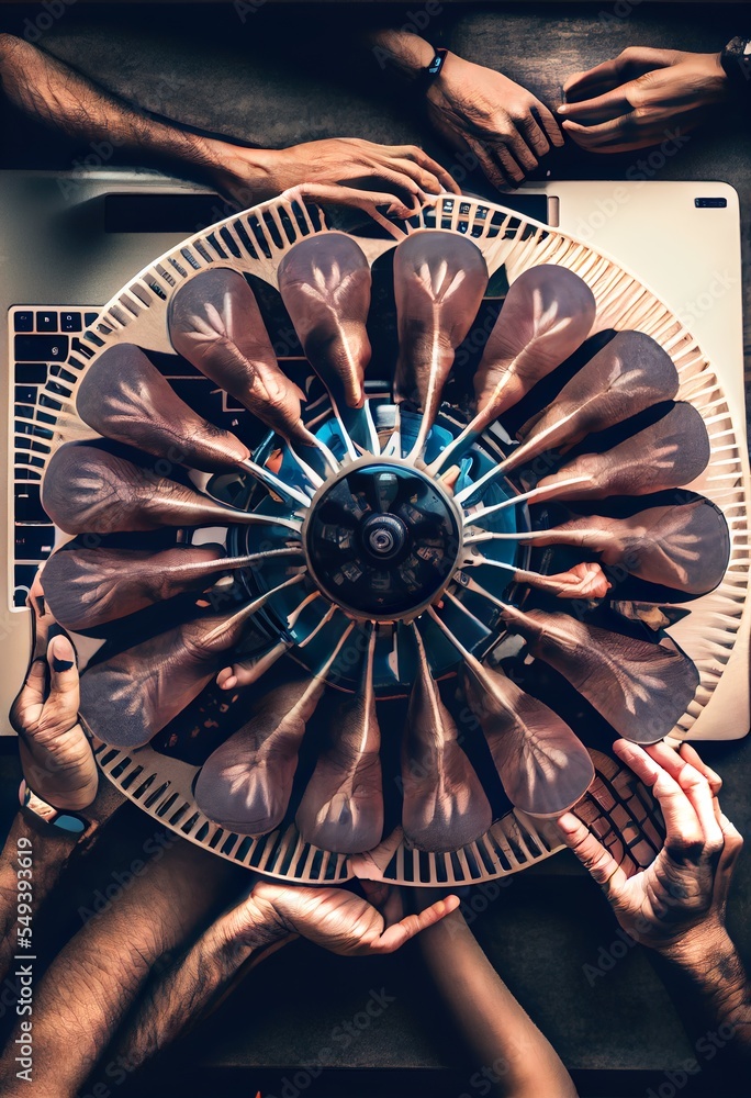 overhead view of hands using, a hand holding a fan, illustration with ...
