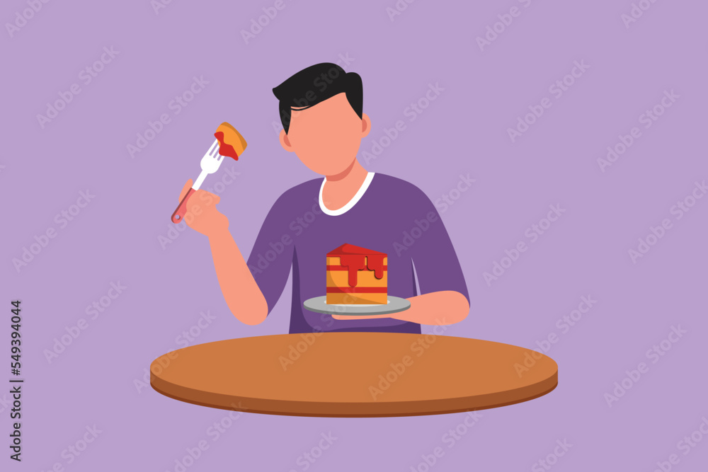 Character flat drawing young man eating creamy birthday cake at table ...