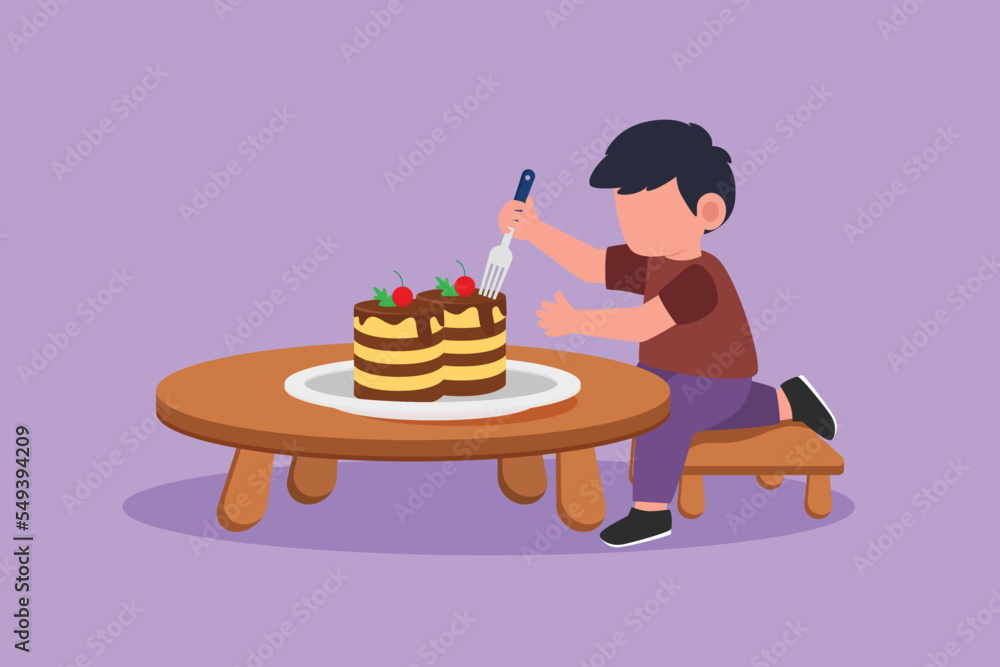 Graphic flat design drawing of happy cute little boy eating creamy ...