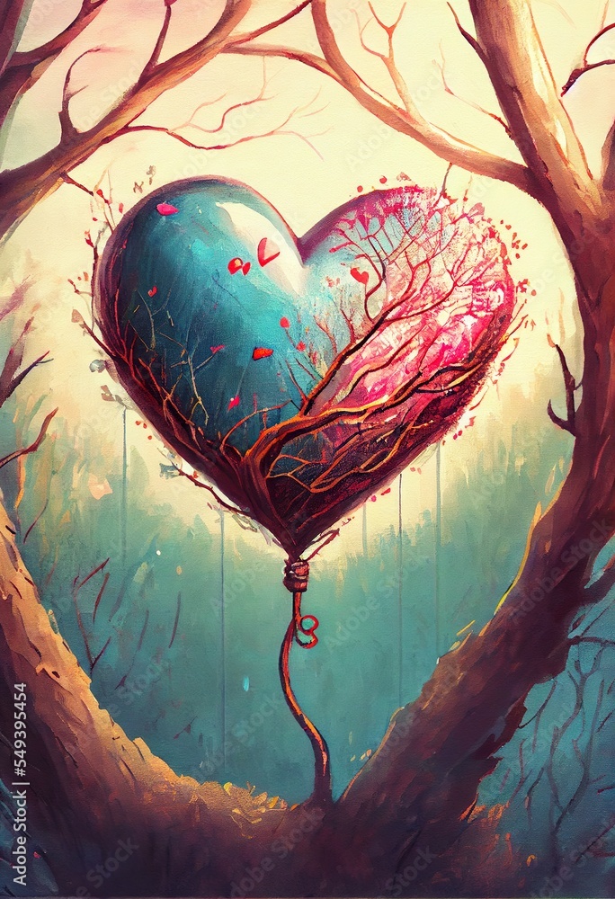 heart balloon stuck in a, a tree with a mirror, illustration with human ...