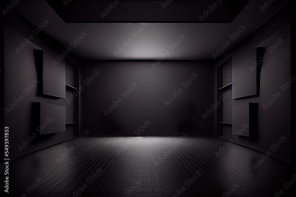 empty black studio room. dark, a dark room with a wood floor ...
