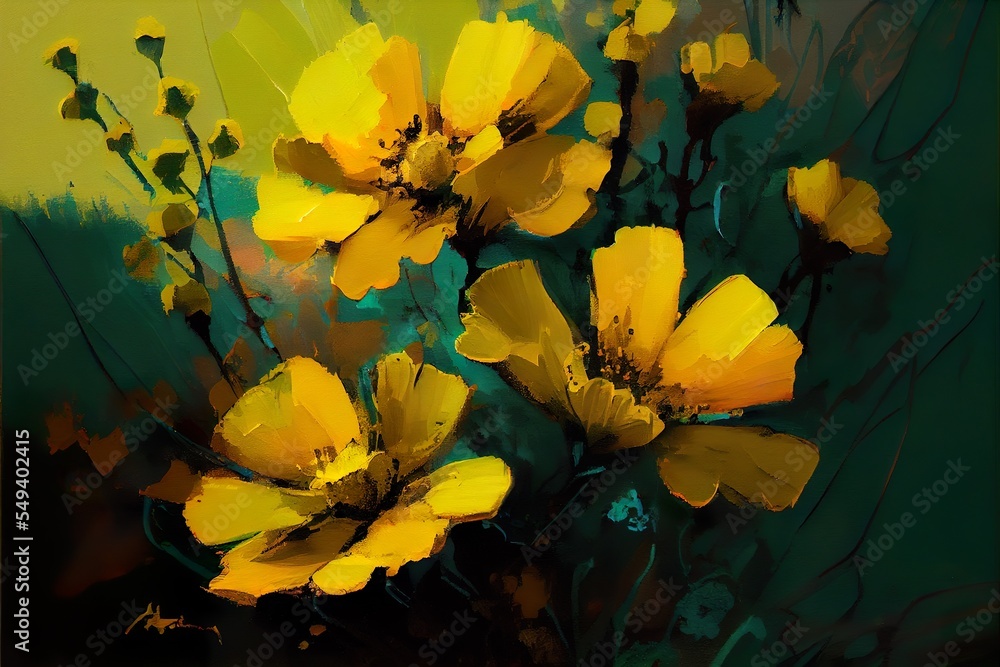 abstract painting of vibrant yellow, yellow flowers on a plant ...