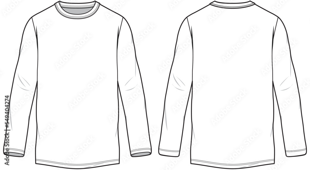 Men's long sleeve Crew neck T Shirt flat sketch fashion illustration ...