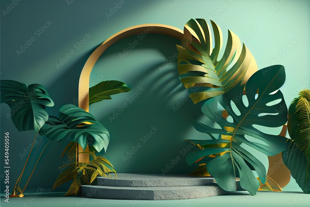 3d render, abstract green background, a group of plants in a room ...