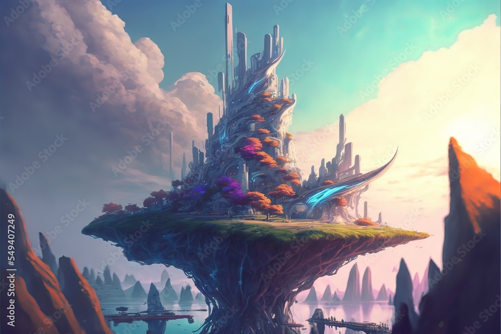 Floating Future city skyline. concept fantasy skyscrapers, towers, tall ...