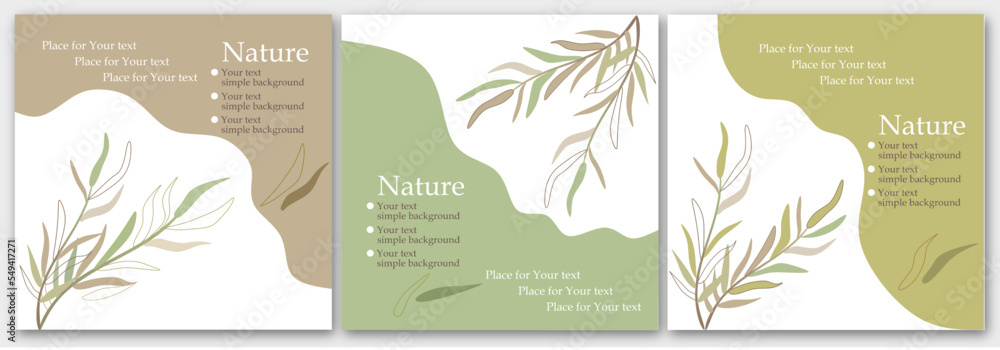 Vector illustration. Set of 3 simple backgrounds, nature design, leaves ...