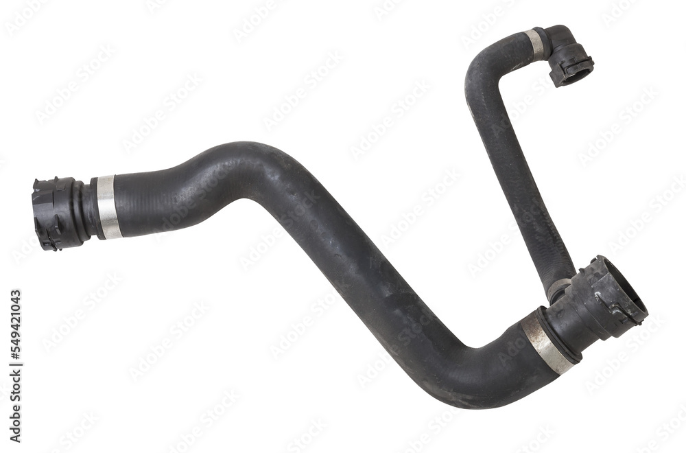 Black plastic hose of the car engine cooling system on a white isolated ...
