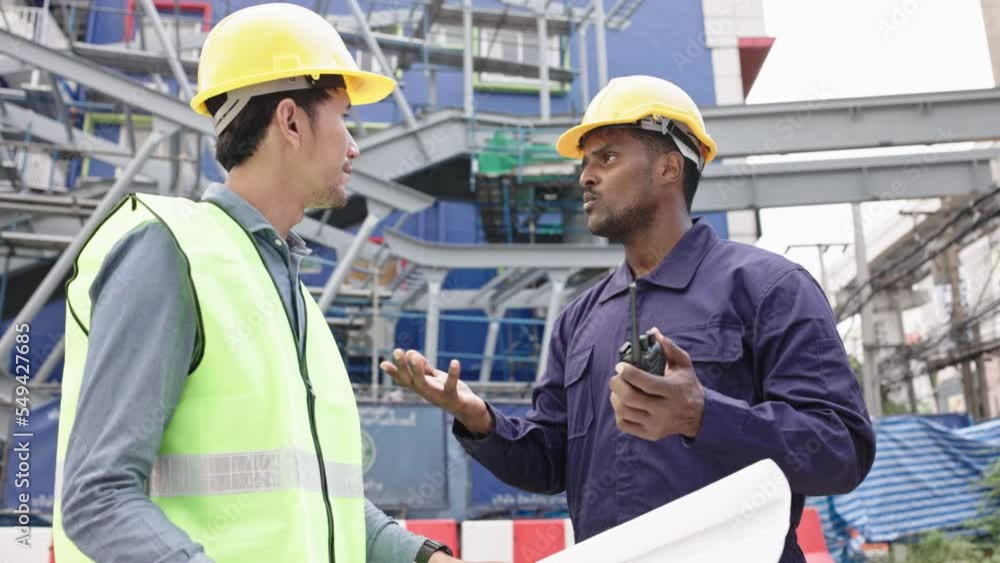 Structural engineers and construction workers are holding blueprints ...