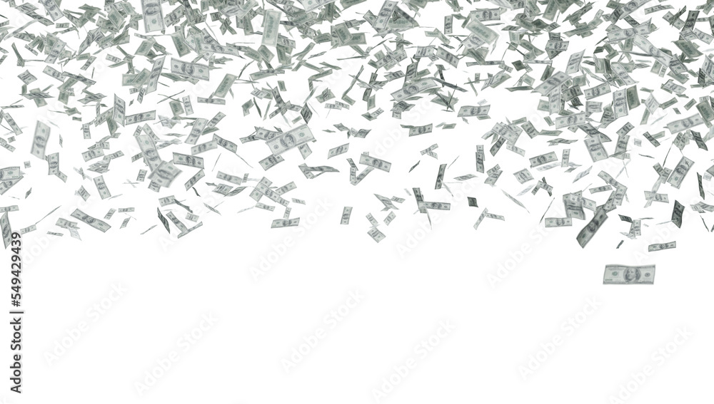 One hundred US dollar bills are falling on transparent background ...