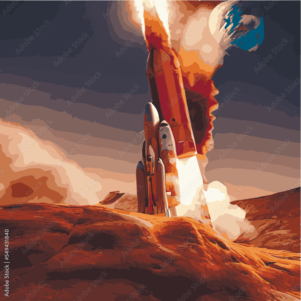 The outer space launch system takes off. Vector illustration , astronomy, space exploration ...