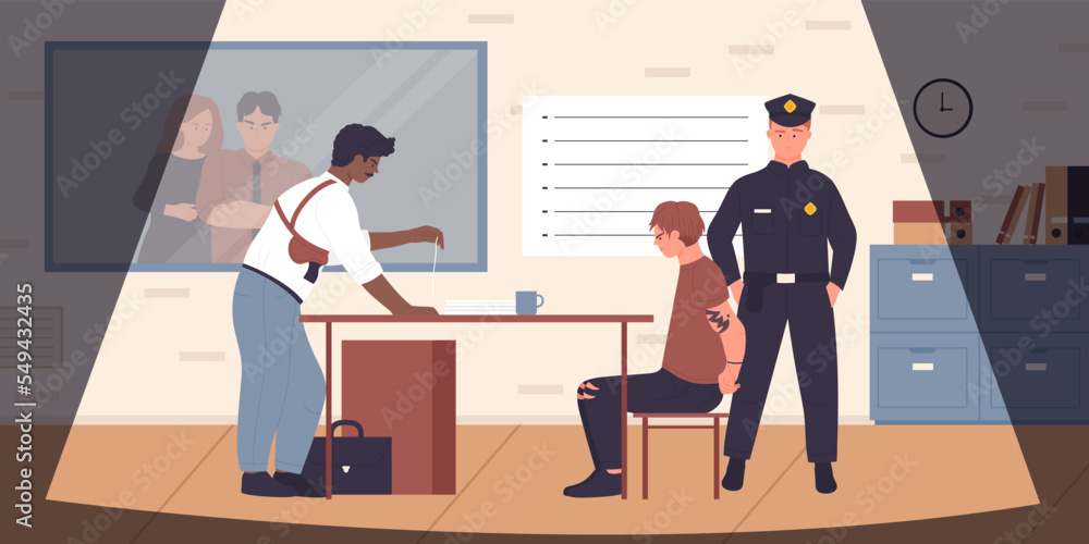 Vecteur Stock Interrogating interview in department of police station vector illustration ...