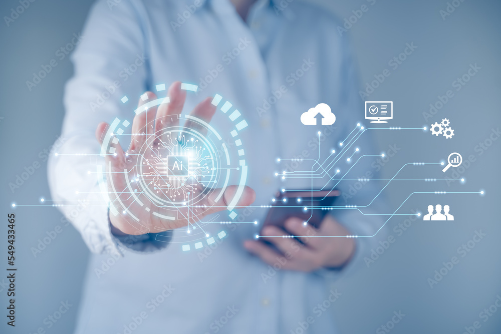 Technology abstract background with hand touching complex circular ...