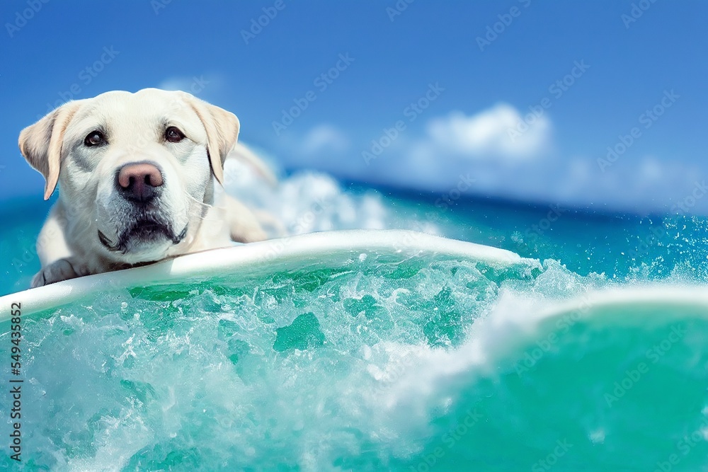 Spectacular labrador lying on surfboard, wave with teal sea water ...