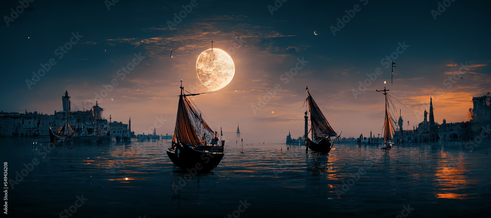 Spectacular fantasy coastal town with sailing ship and fishing boats ...