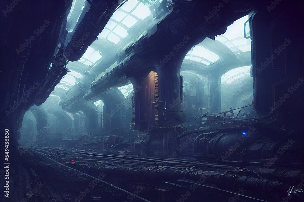 Lifeless gloomy underground city landscape with futuristic dystopia ...