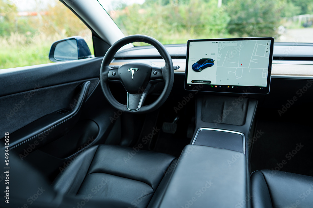 Self Driving Tesla Car Premium Black Interior. Wood trim, leather seats ...