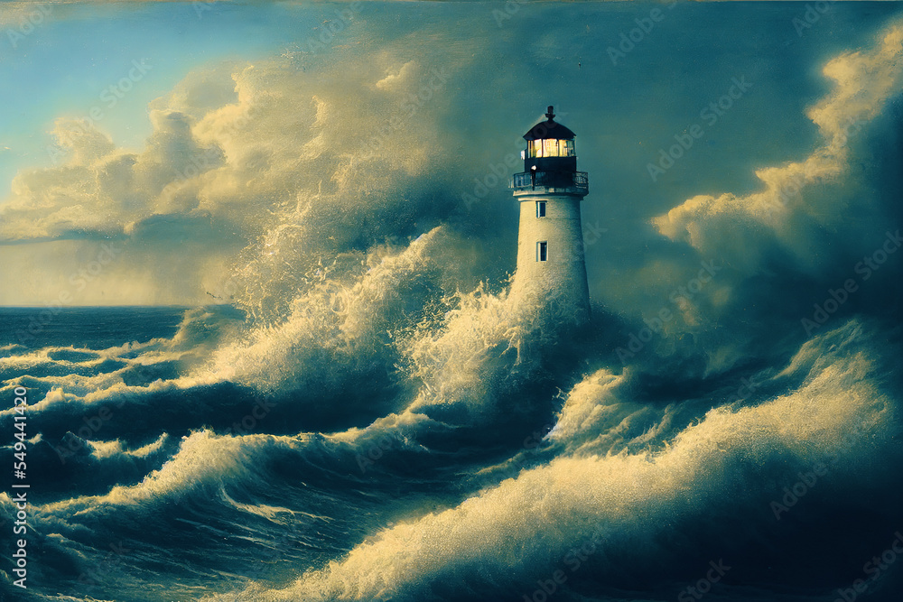 Spectacular lighthouse provide light during a large storm on the ...