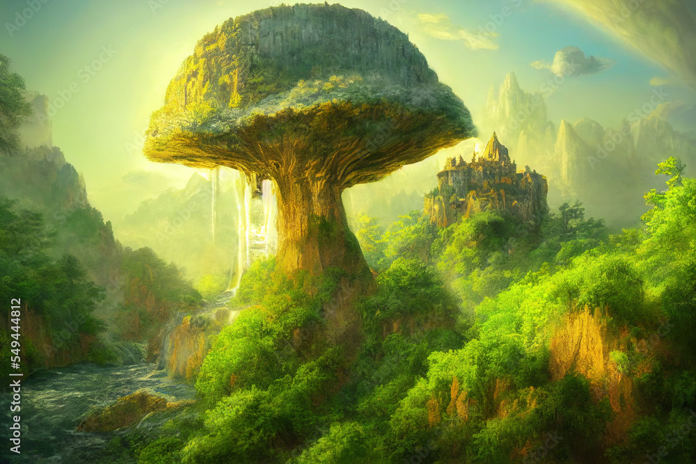 Beautiful digital art 3D illustration of fantasy fairy tale castle on waterfall with hills and ...