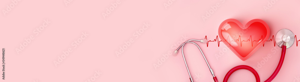 3d Red heart shape with line of cardio gram and stethoscope on pink ...