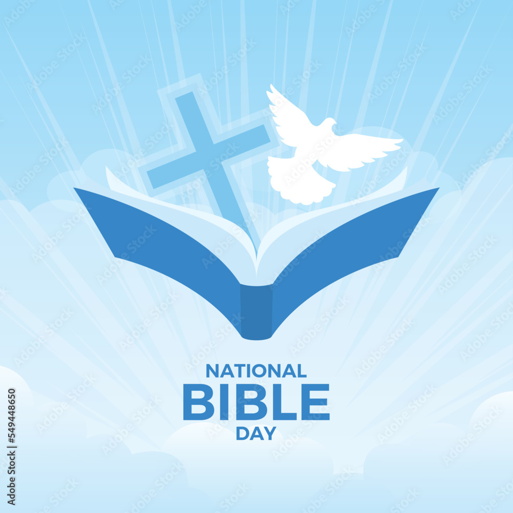 National Bible Day vector. Holy bible book, religious cross and holy ...