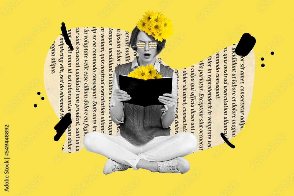 Creative collage picture of impressed black white colors girl reading ...