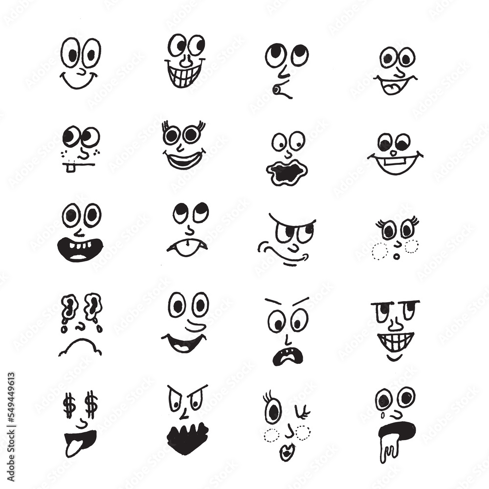 comic Faces with various Emotions. ink drawing style. Different ...