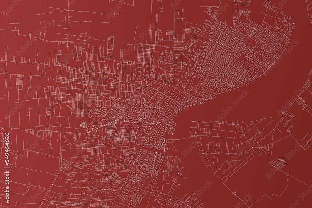 Poster Map of the streets of Paramaribo (Suriname) made with white lines on red background ...