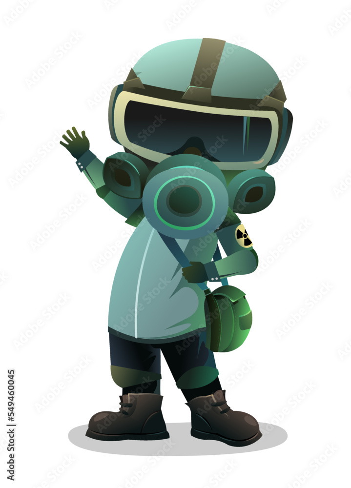 Man in gas mask welcomes. Character in chemical protection against ...