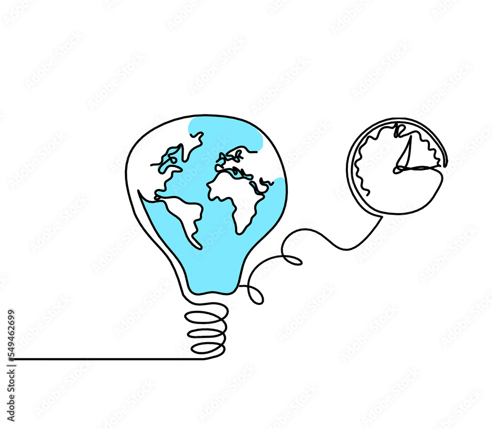 Abstract planet Earth in light bulb and clock as line drawing on white ...