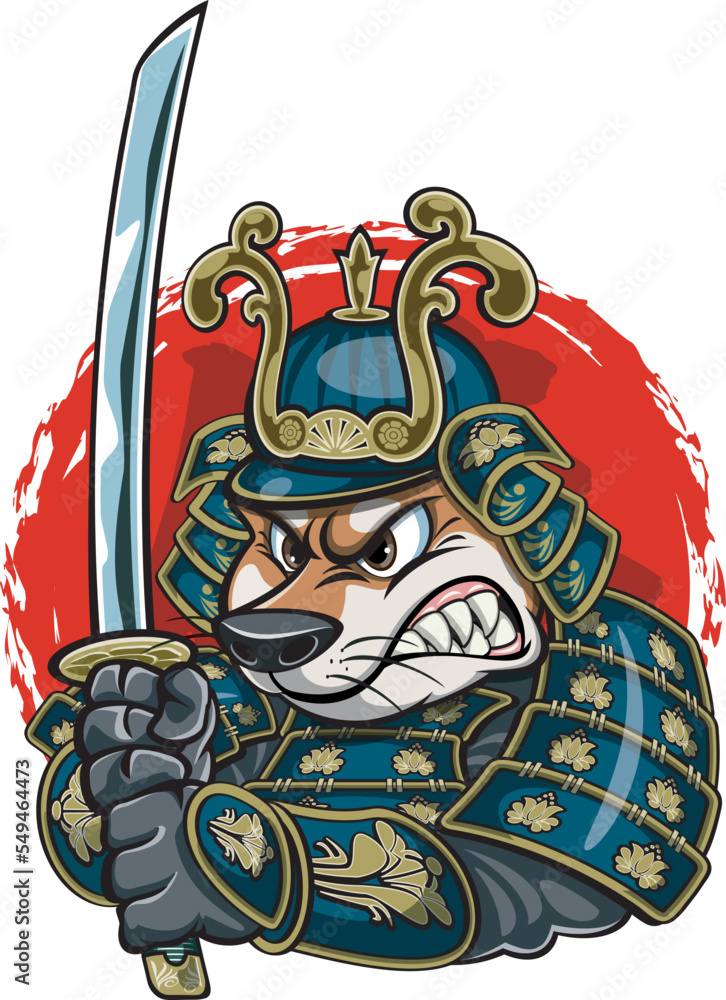 japanese shiba inu dog in samurai armor and helmet holding katana sword ...