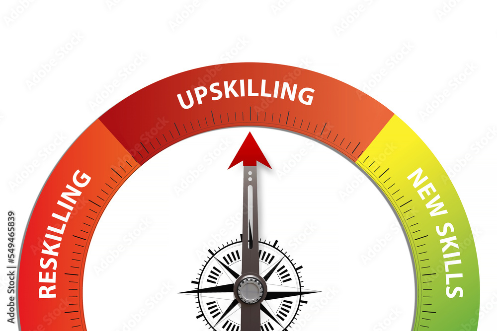 Red compass pointing upskilling. Training concept for upgrading ...