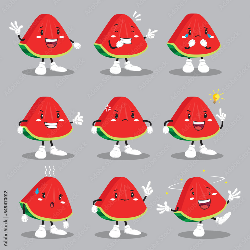 Watermelon Mascot with Different Emotions set in Cartoon Style Vector ...