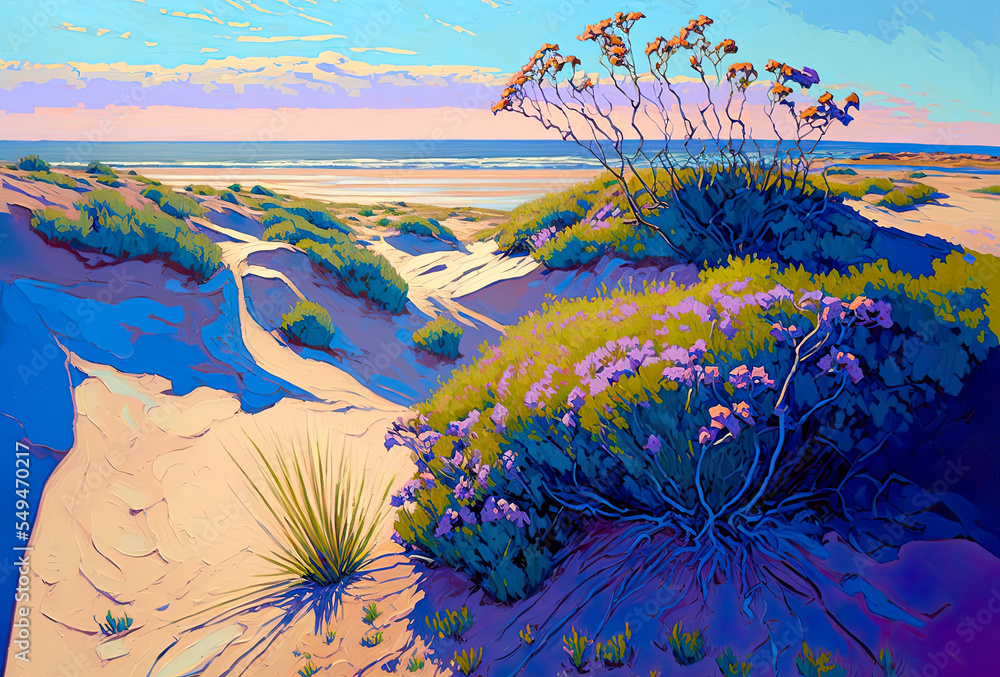 Dune in summer with plants and beach, watercolor painting of a ...